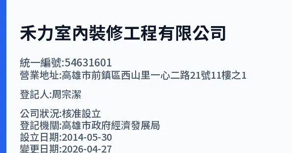 禾力室內裝修工程有限公司的照片-統編 54631601(高雄市) 公司登記資料與營業項目詳細圖表