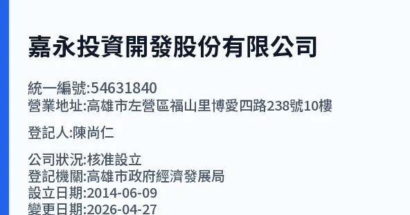 嘉永投資開發股份有限公司的照片-統編 54631840(高雄市) 公司登記資料與營業項目詳細圖表