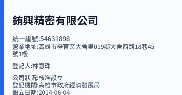 銪興精密有限公司的照片-統編 54631898(高雄市) 公司登記資料與營業項目詳細圖表