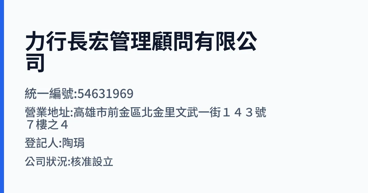 力行長宏管理顧問有限公司 - 統編 54631969(高雄市) 公司登記資料與營業項目詳細圖表