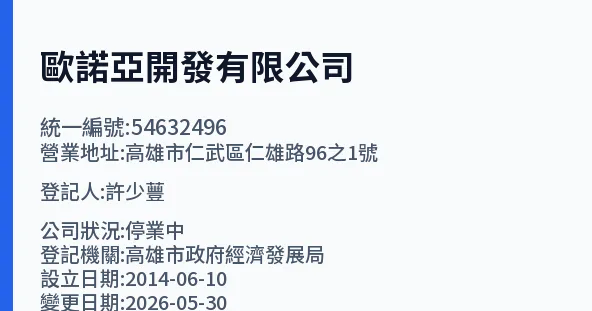 歐諾亞開發有限公司的照片-統編 54632496(高雄市) 公司登記資料與營業項目詳細圖表