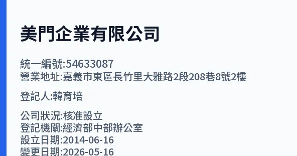 美門企業有限公司的照片-統編 54633087(嘉義市) 公司登記資料與營業項目詳細圖表