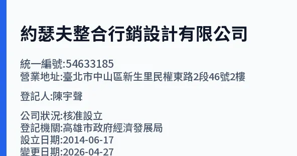 約瑟夫整合行銷設計有限公司的照片-統編 54633185(臺北市) 公司登記資料與營業項目詳細圖表