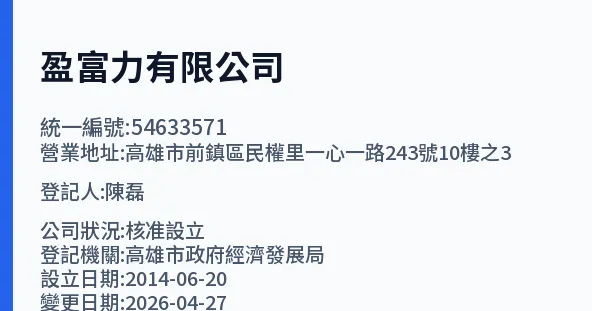 盈富力有限公司的照片-統編 54633571(高雄市) 公司登記資料與營業項目詳細圖表