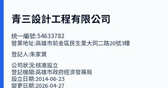 青三設計工程有限公司的照片-統編 54633782(高雄市) 公司登記資料與營業項目詳細圖表
