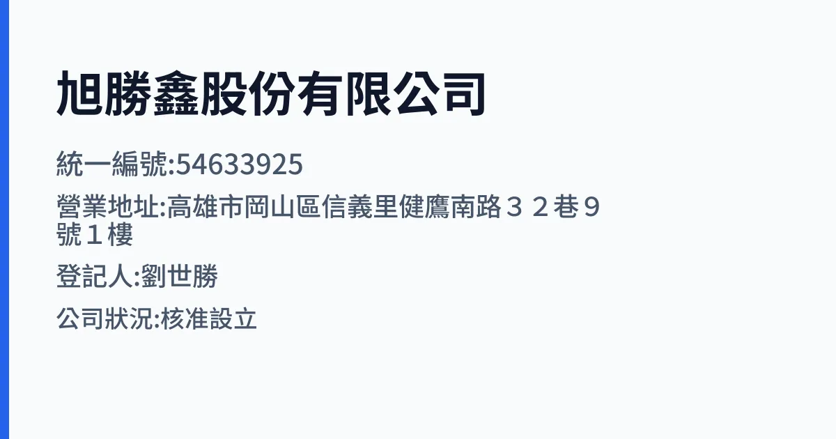 旭勝鑫股份有限公司 - 統編 54633925(高雄市) 公司登記資料與營業項目詳細圖表