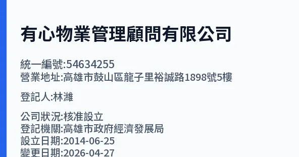 有心物業管理顧問有限公司的照片-統編 54634255(高雄市) 公司登記資料與營業項目詳細圖表