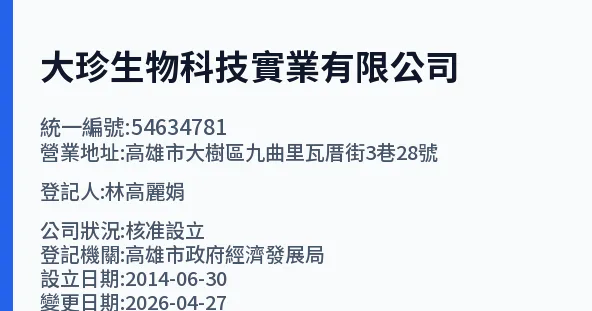大珍生物科技實業有限公司的照片-統編 54634781(高雄市) 公司登記資料與營業項目詳細圖表