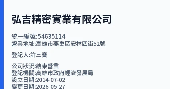 弘吉精密實業有限公司的照片-統編 54635114(高雄市) 公司登記資料與營業項目詳細圖表