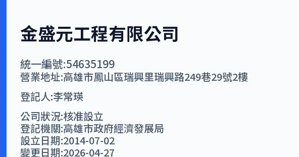 金盛元工程有限公司的照片-統編 54635199(高雄市) 公司登記資料與營業項目詳細圖表