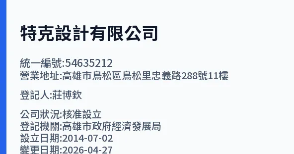 特克設計有限公司的照片-統編 54635212(高雄市) 公司登記資料與營業項目詳細圖表