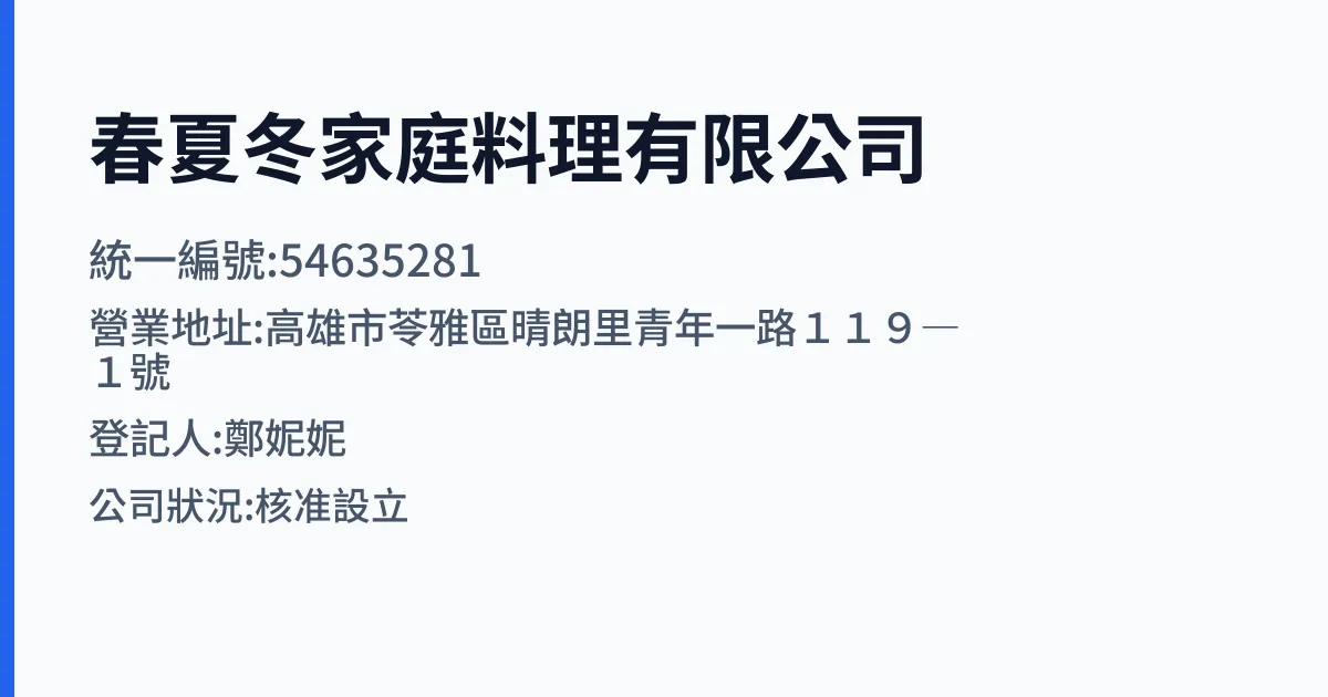 春夏冬家庭料理有限公司 - 統編 54635281(高雄市) 公司登記資料與營業項目詳細圖表