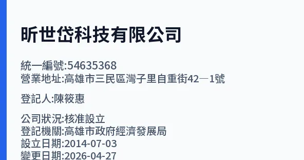 昕世岱科技有限公司的照片-統編 54635368(高雄市) 公司登記資料與營業項目詳細圖表
