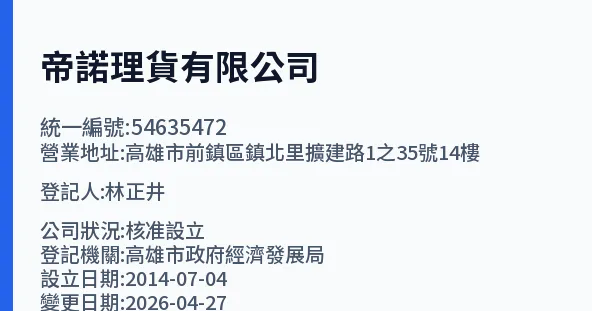 帝諾理貨有限公司的照片-統編 54635472(高雄市) 公司登記資料與營業項目詳細圖表