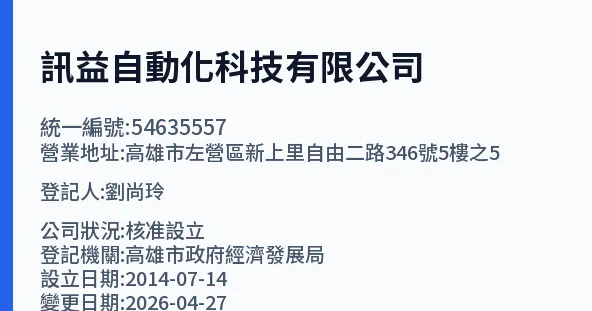 訊益自動化科技有限公司的照片-統編 54635557(高雄市) 公司登記資料與營業項目詳細圖表