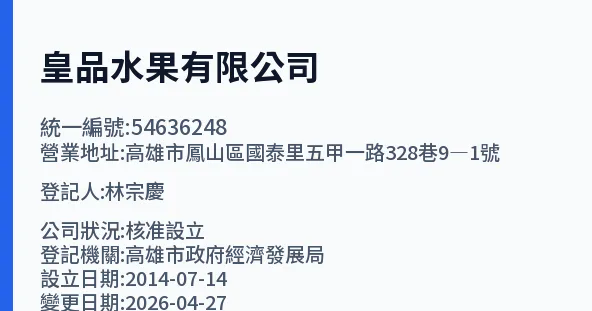 皇品水果有限公司的照片-統編 54636248(高雄市) 公司登記資料與營業項目詳細圖表