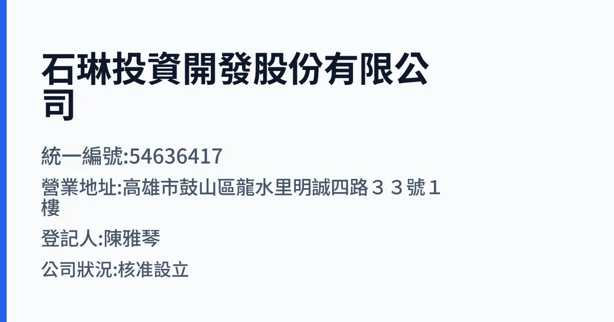 石琳投資開發股份有限公司 - 統編 54636417(高雄市) 公司登記資料與營業項目詳細圖表