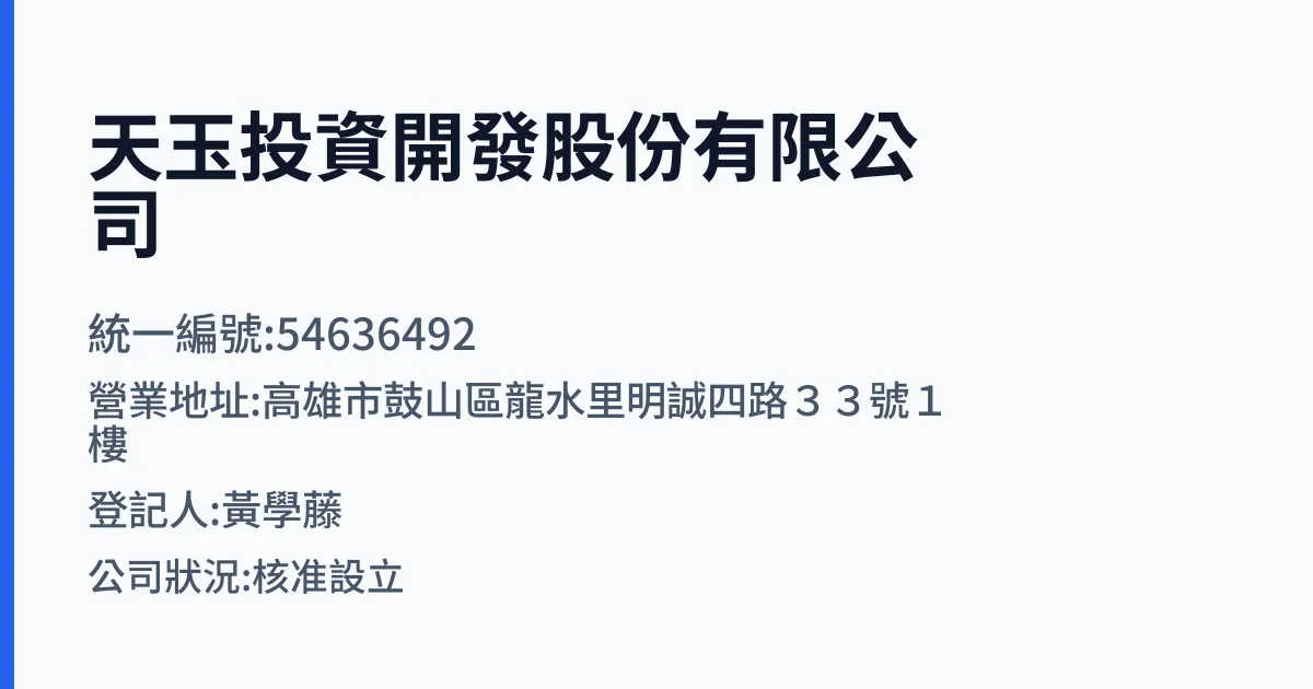 天玉投資開發股份有限公司 - 統編 54636492(高雄市) 公司登記資料與營業項目詳細圖表