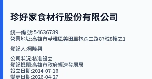 珍好家食材行股份有限公司的照片-統編 54636789(高雄市) 公司登記資料與營業項目詳細圖表