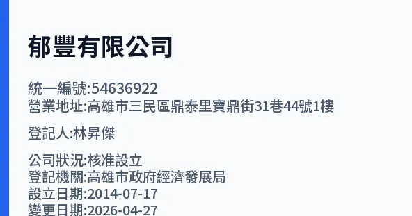 郁豐有限公司的照片-統編 54636922(高雄市) 公司登記資料與營業項目詳細圖表