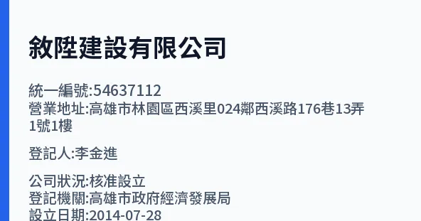 敘陞建設有限公司的照片-統編 54637112(高雄市) 公司登記資料與營業項目詳細圖表