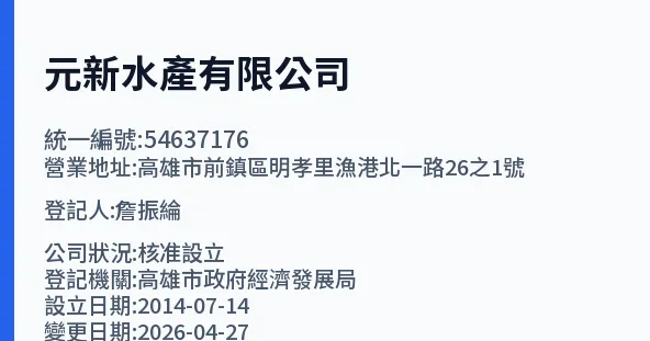 元新水產有限公司的照片-統編 54637176(高雄市) 公司登記資料與營業項目詳細圖表