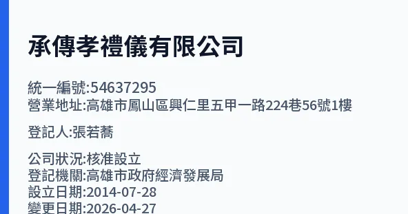 承傳孝禮儀有限公司的照片-統編 54637295(高雄市) 公司登記資料與營業項目詳細圖表