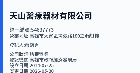 天山醫療器材有限公司的照片-統編 54637773(高雄市) 公司登記資料與營業項目詳細圖表