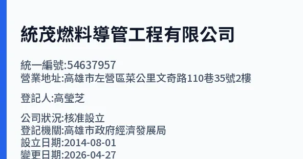 統茂燃料導管工程有限公司的照片-統編 54637957(高雄市) 公司登記資料與營業項目詳細圖表