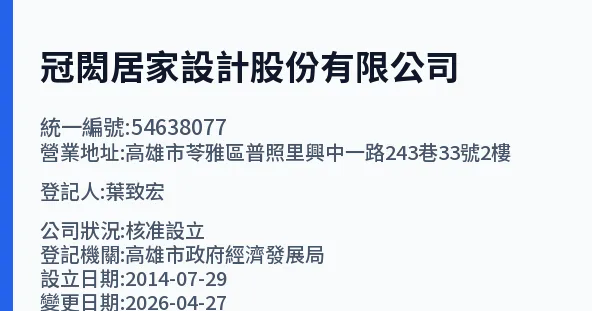 冠閎居家設計股份有限公司的照片-統編 54638077(高雄市) 公司登記資料與營業項目詳細圖表