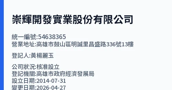崇輝開發實業股份有限公司的照片-統編 54638365(高雄市) 公司登記資料與營業項目詳細圖表