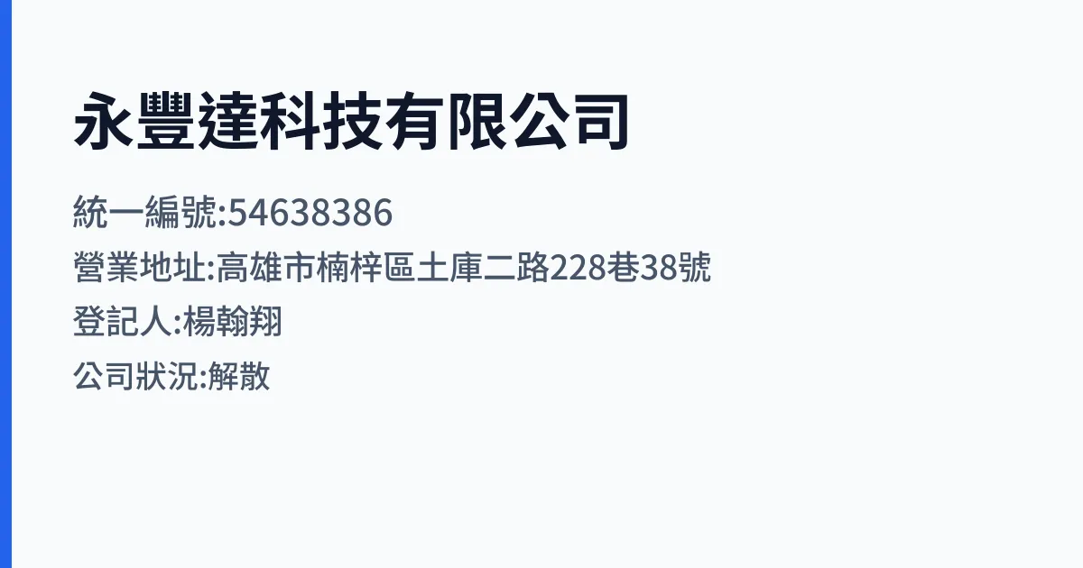 永豐達科技有限公司 - 統編 54638386(高雄市) 公司登記資料與營業項目詳細圖表