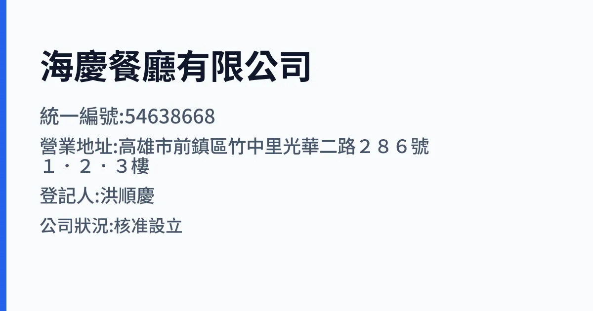 海慶餐廳有限公司 - 統編 54638668(高雄市) 公司登記資料與營業項目詳細圖表