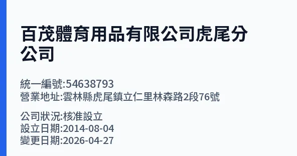 百茂體育用品有限公司虎尾分公司的照片-統編 54638793(雲林縣) 公司登記資料與營業項目詳細圖表