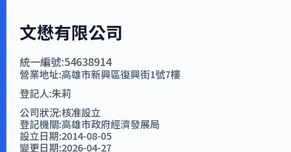 文懋有限公司的照片-統編 54638914(高雄市) 公司登記資料與營業項目詳細圖表