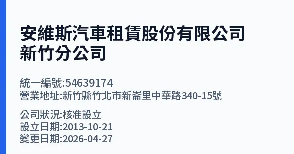 安維斯汽車租賃股份有限公司新竹分公司的照片-統編 54639174(新竹縣) 公司登記資料與營業項目詳細圖表
