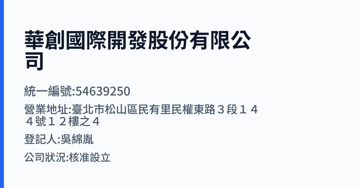 華創國際開發股份有限公司 - 統編 54639250(臺北市) 公司登記資料與營業項目詳細圖表