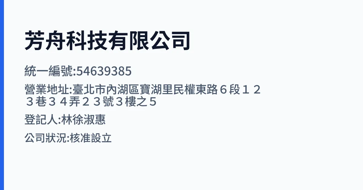 芳舟科技有限公司 - 統編 54639385(臺北市) 公司登記資料與營業項目詳細圖表
