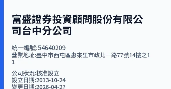 富盛證券投資顧問股份有限公司台中分公司的照片-統編 54640209(臺中市) 公司登記資料與營業項目詳細圖表