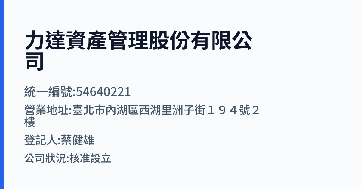 力達資產管理股份有限公司 - 統編 54640221(臺北市) 公司登記資料與營業項目詳細圖表