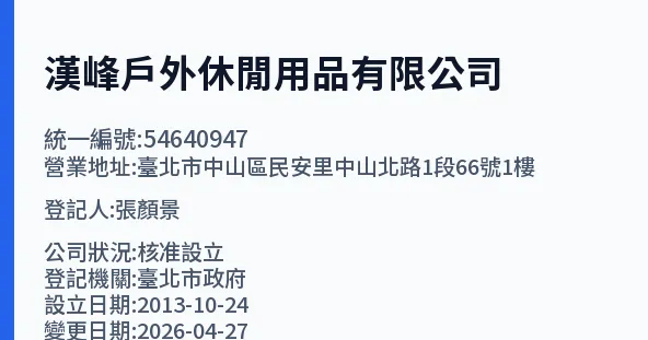 漢峰戶外休閒用品有限公司的照片-統編 54640947(臺北市) 公司登記資料與營業項目詳細圖表