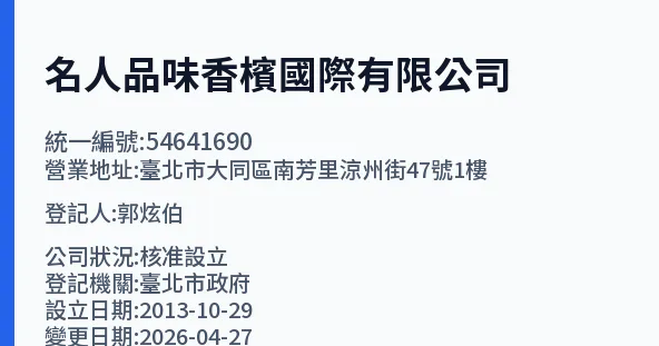 名人品味香檳國際有限公司的照片-統編 54641690(臺北市) 公司登記資料與營業項目詳細圖表