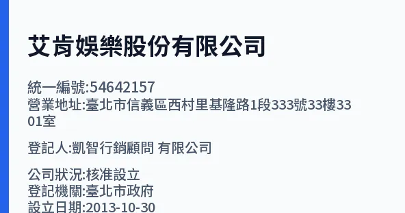 艾肯娛樂股份有限公司的照片-統編 54642157(臺北市) 公司登記資料與營業項目詳細圖表
