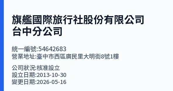 旗艦國際旅行社股份有限公司台中分公司的照片-統編 54642683(臺中市) 公司登記資料與營業項目詳細圖表