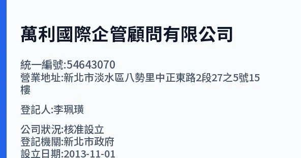 萬利國際企管顧問有限公司的照片-統編 54643070(新北市) 公司登記資料與營業項目詳細圖表