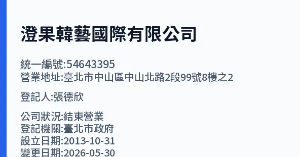 澄果韓藝國際有限公司的照片-統編 54643395(臺北市) 公司登記資料與營業項目詳細圖表