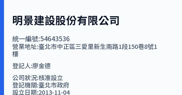 明景建設股份有限公司的照片-統編 54643536(臺北市) 公司登記資料與營業項目詳細圖表