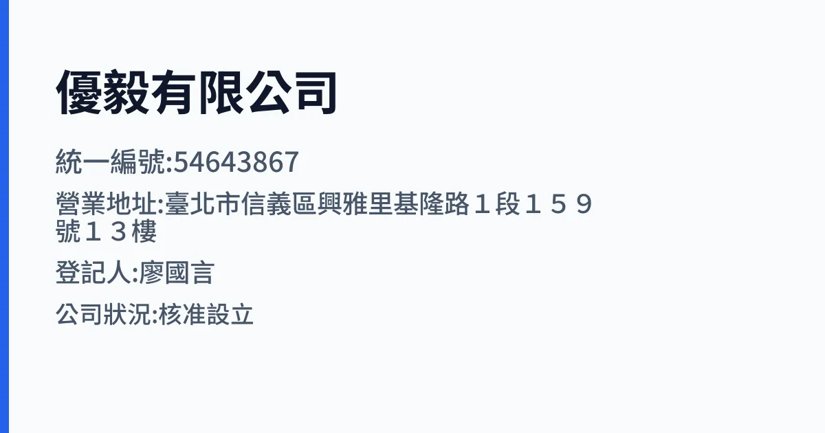 優毅有限公司 - 統編 54643867(臺北市) 公司登記資料與營業項目詳細圖表