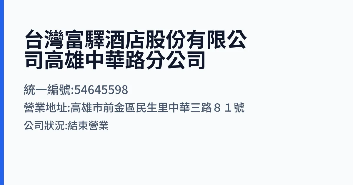 台灣富驛酒店股份有限公司高雄中華路分公司 - 統編 54645598(高雄市) 公司登記資料與營業項目詳細圖表