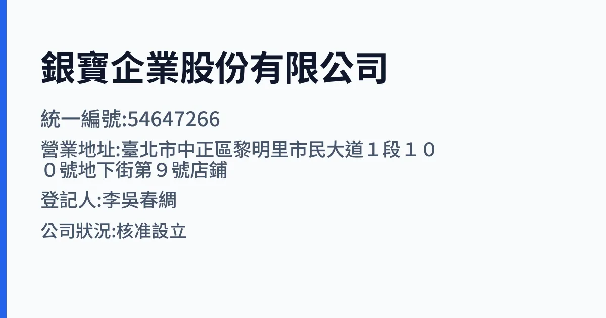 銀寶企業股份有限公司 - 統編 54647266(臺北市) 公司登記資料與營業項目詳細圖表